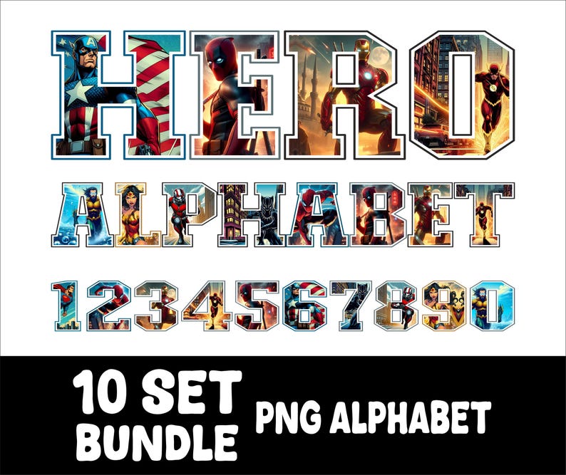 10 Set Hero Alphabet PNG Bundle Superhero Font Png Hero Letters Png and ...