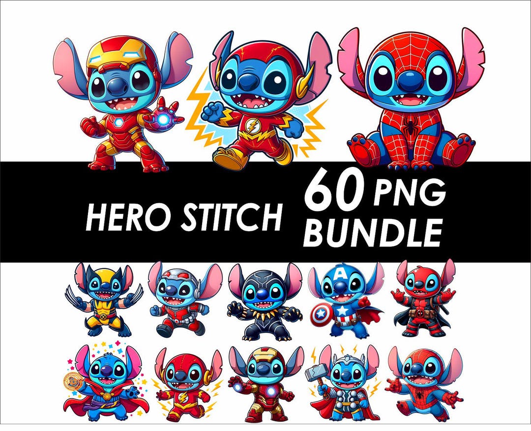 Super Hero Stitch 60 PNG Bundle Design Movies and Stitch Heroes High ...