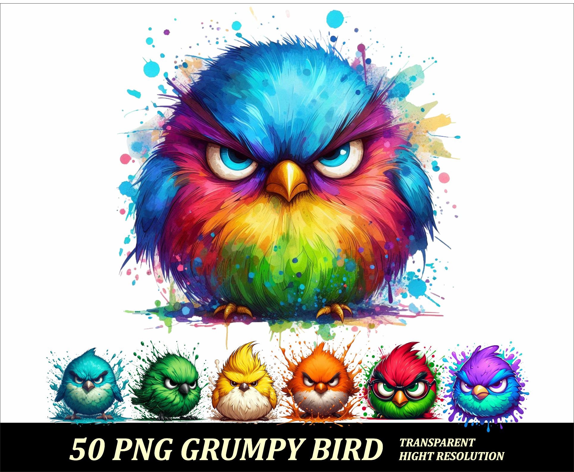 BUNDLE 50 PNG Grumpy Bird Whimsical Birds Clipart Funny Birds Design ...