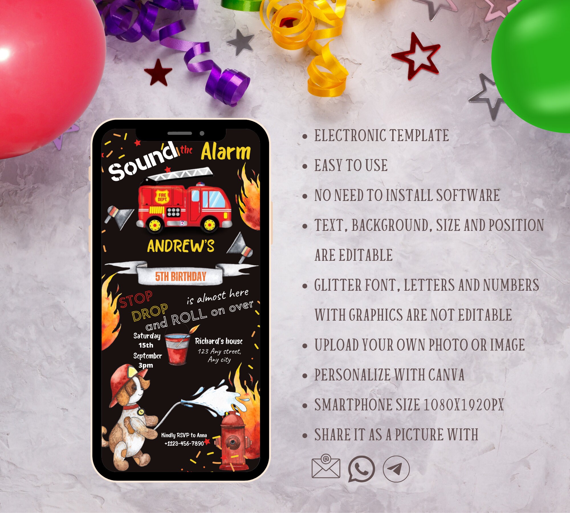 Editable Firetruck Birthday Invitation, Digital Boy Fire Truck Party ...