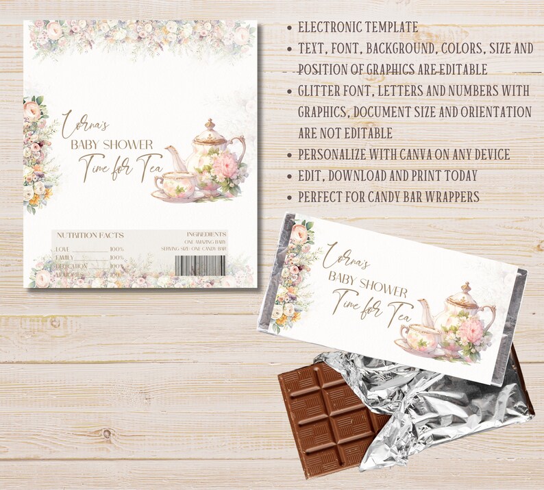 Editable Tea Party Chocolate Bar Wrapper Girl Boy Baby Shower Par-tea ...