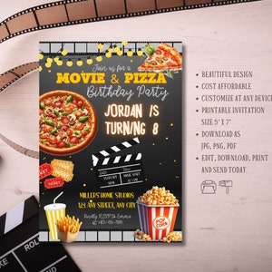 Movie and Pizza Birthday Party Invitation, Editable Cinema Night Bday ...