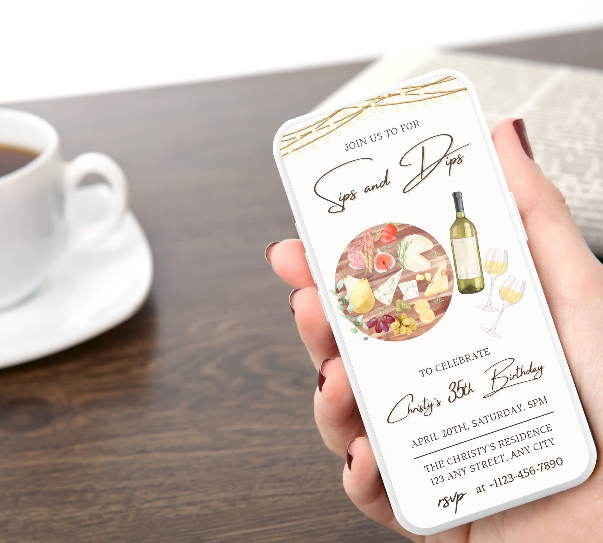 Minimalist Sips and Dips Invitation, Charcuterie Board Birthday Invite ...