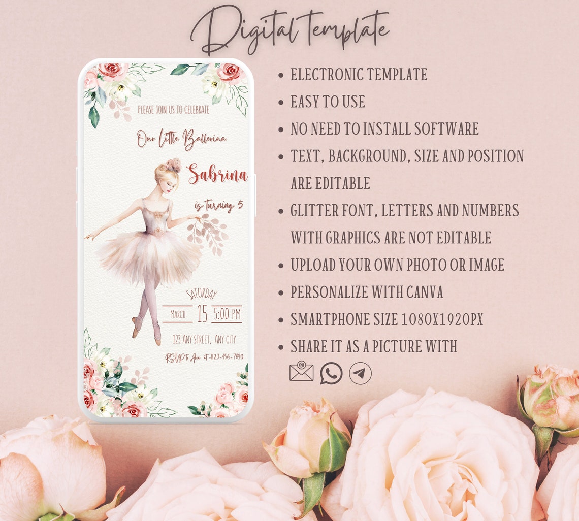 Floral Ballerina Birthday Invitation, Editable Ballet Dancer Birthday ...
