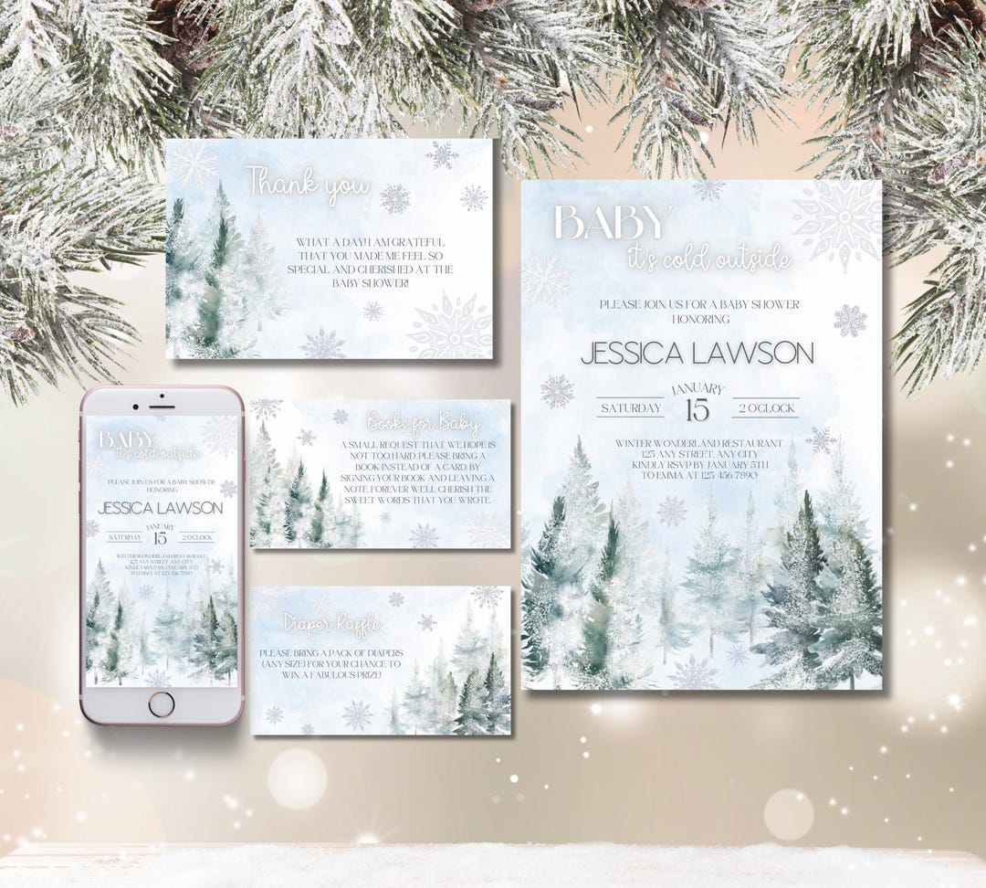 Editable Winter Wonderland Baby Shower Invitation Set Silver Snowflake ...