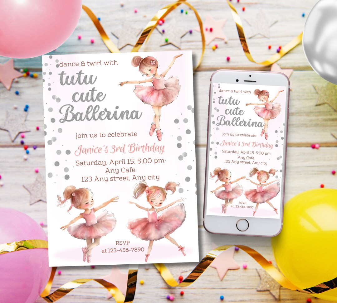 Editable Tutu Cute Ballerina Birthday Invitation Ballet Dancer Girl ...