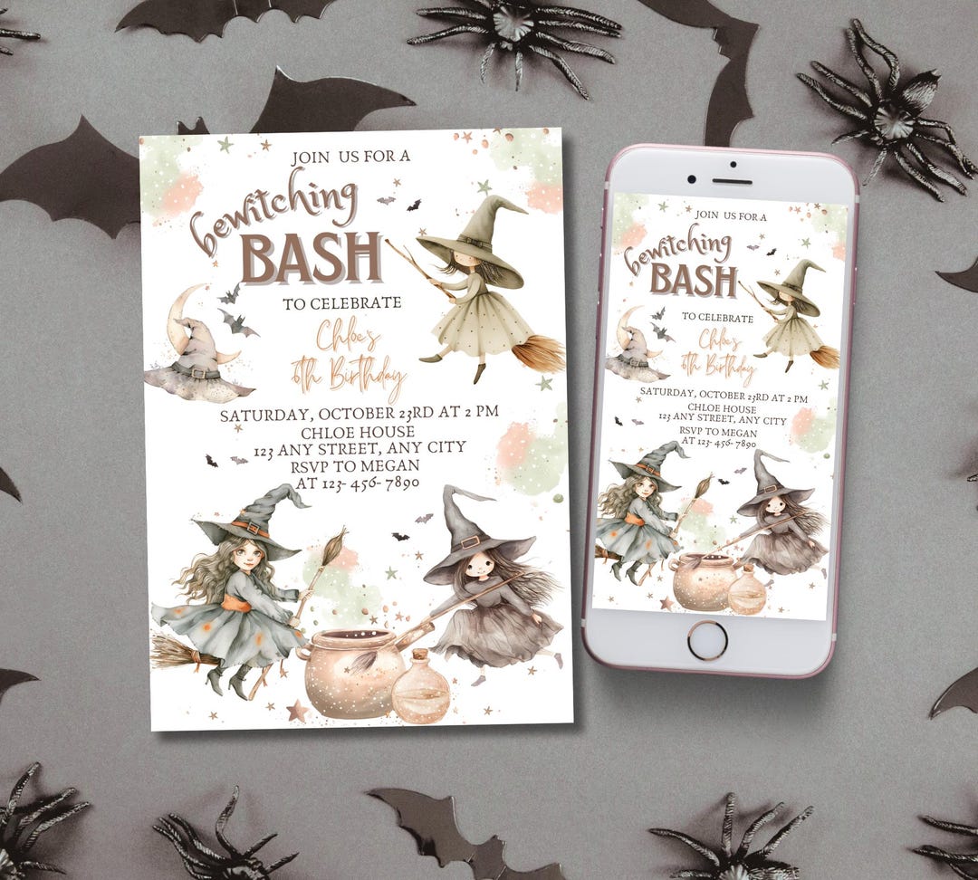 Bewitching Bash Girl Birthday Invitation, Editable Halloween Bday Party ...