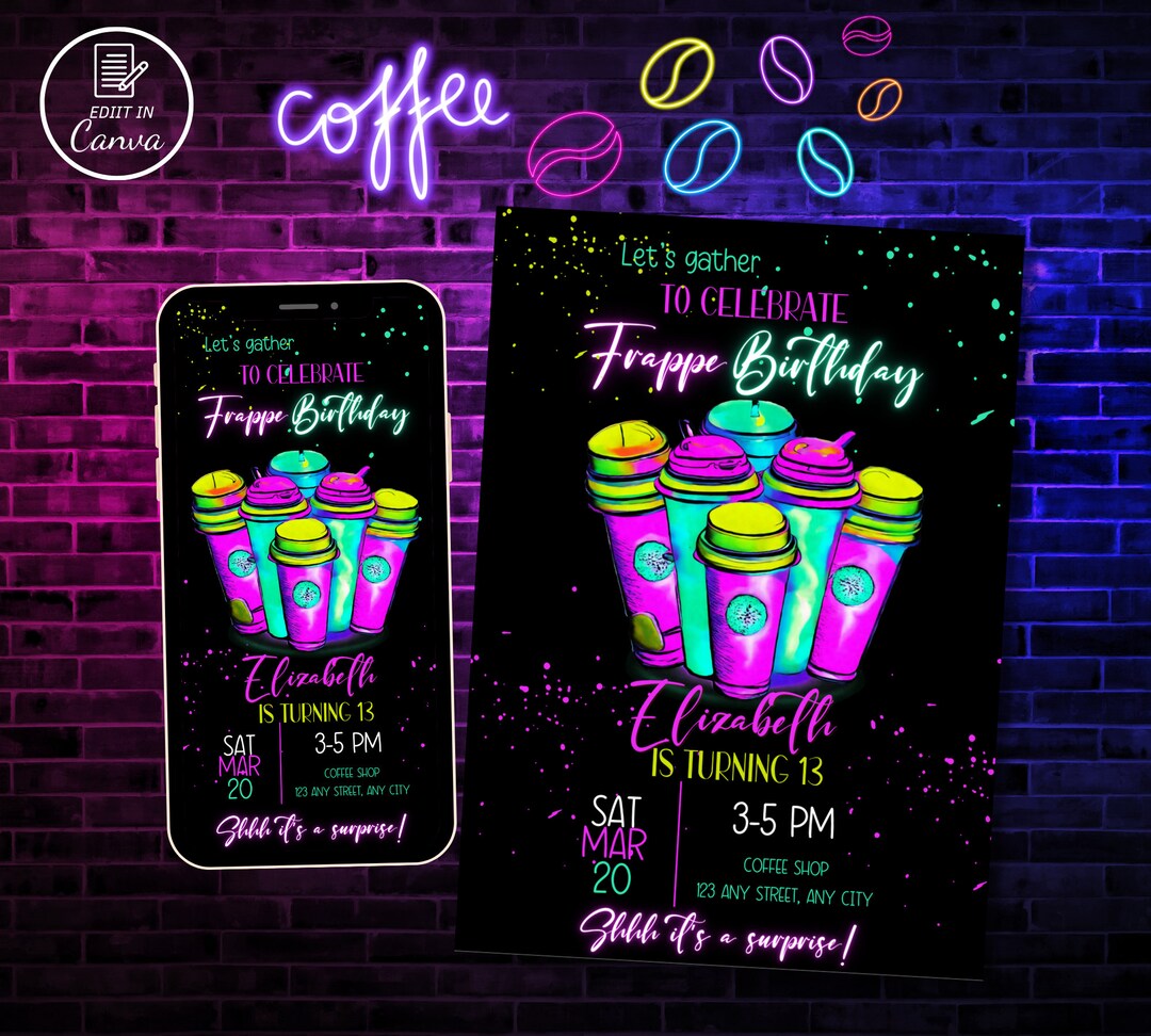 Frappe Birthday Invitation Latte Fun Tween Bday Invite Neon Teenagers