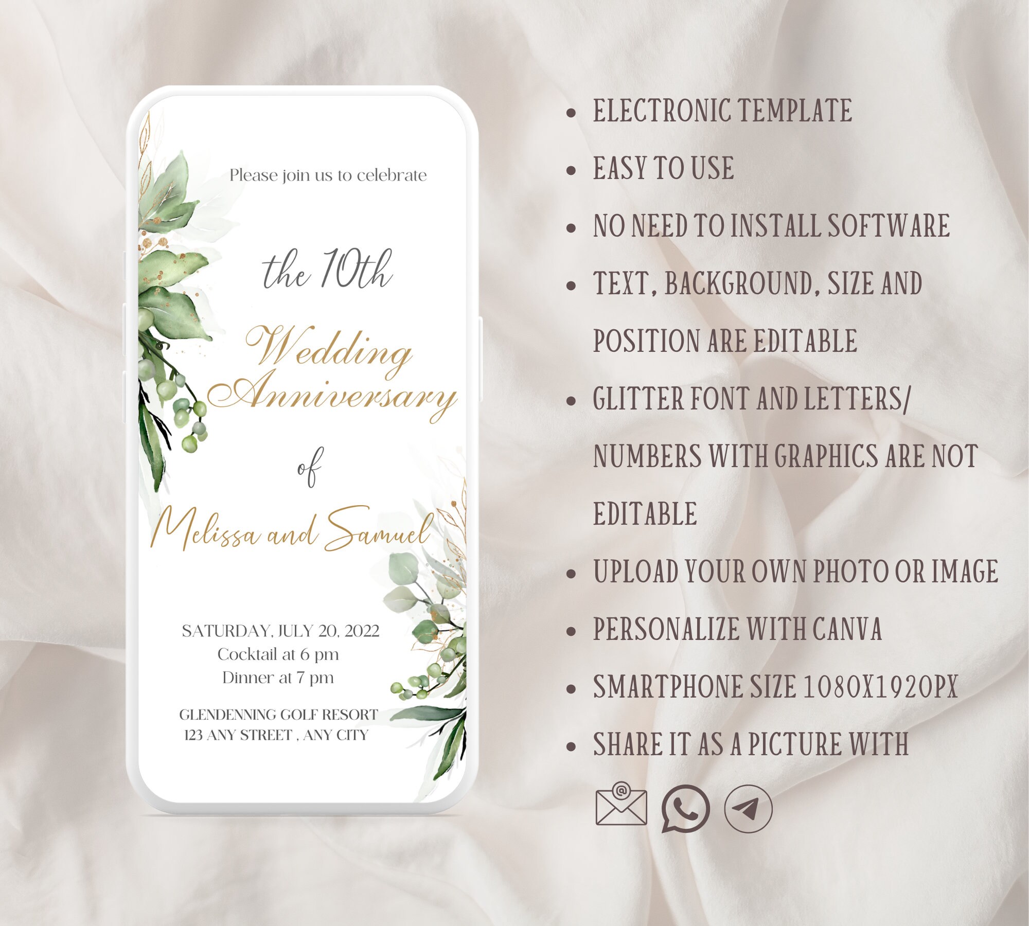 Editable Greenery Anniversary Invitation, Eucalyptus Greenery Wedding ...