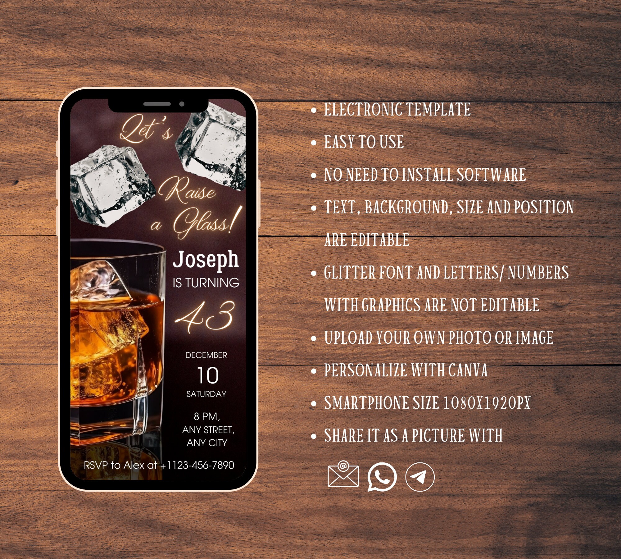 Adult Birthday Party Invitation, Editable Wiskey Cognac Liquor Brandy ...