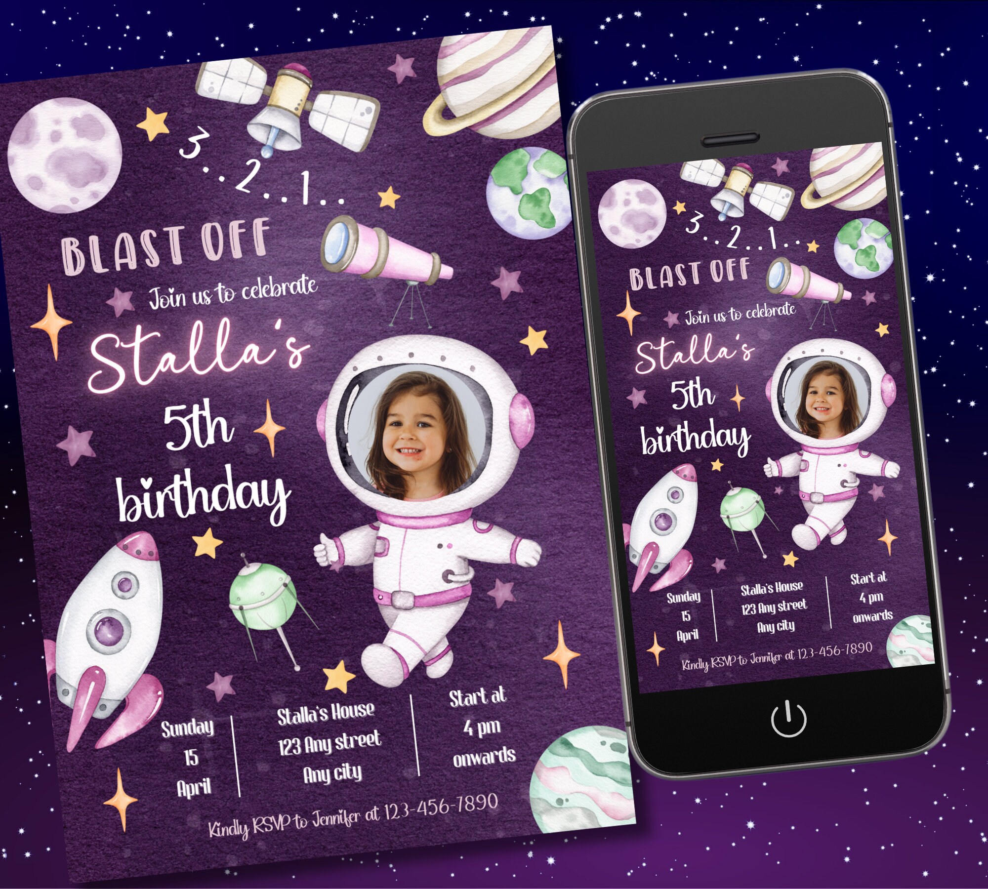 Girl Space Birthday Party Invitation With Photo, Editable Galaxy ...