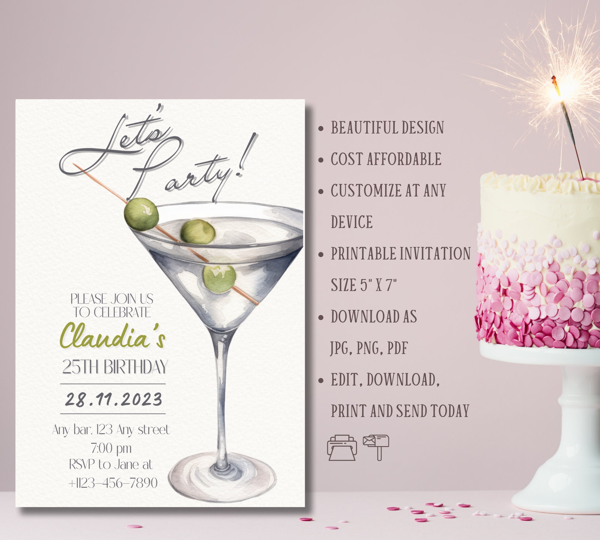 Martini Woman Birthday Party Invitation, Editable Lady Bday Invite ...