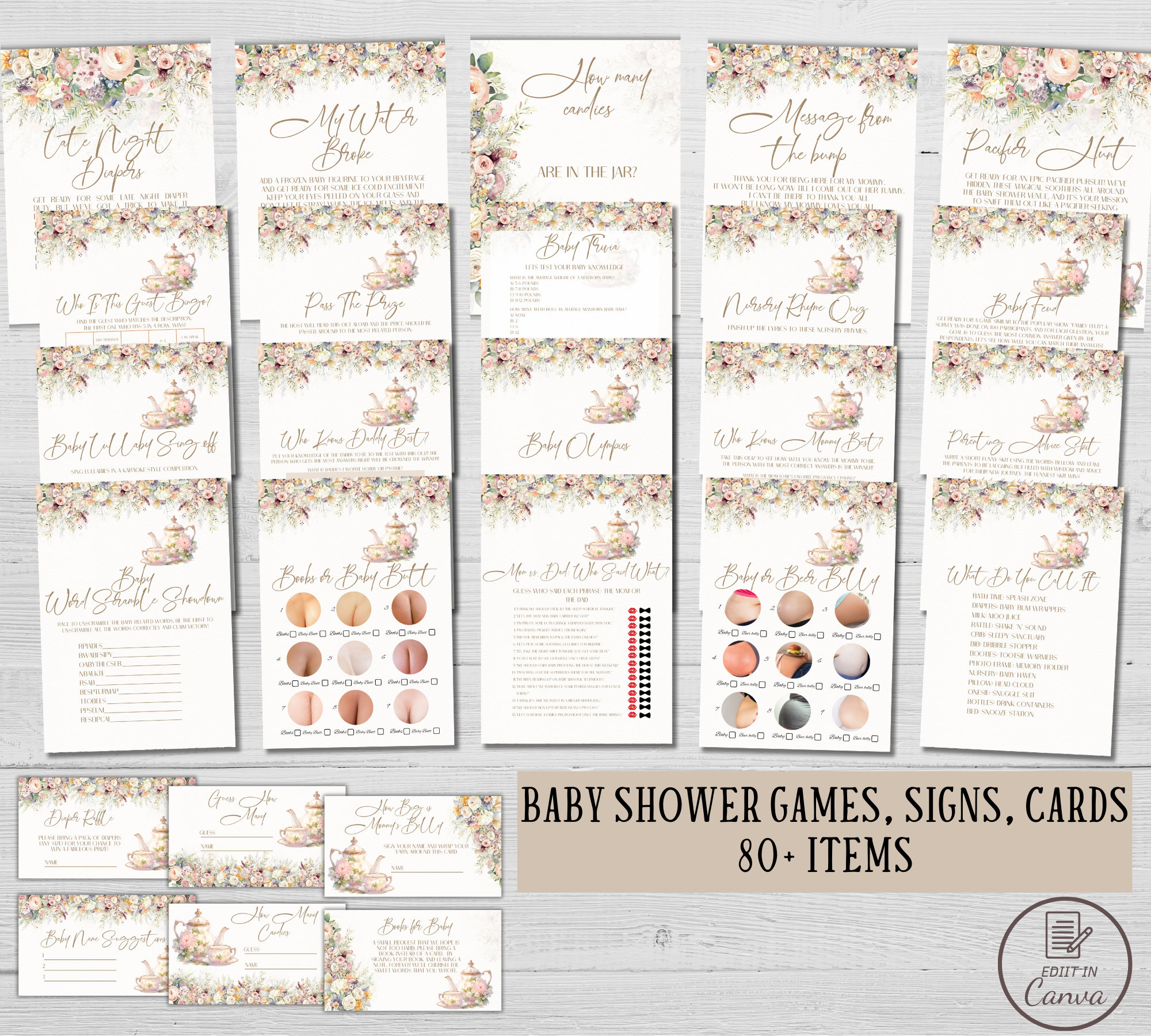 Editable Tea Time Baby Shower Games Floral Baby Sprinkle Par-tea Game ...
