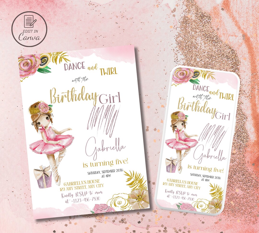Editable Ballerina Birthday Invitation, Ballet Dancer Birthday Template ...