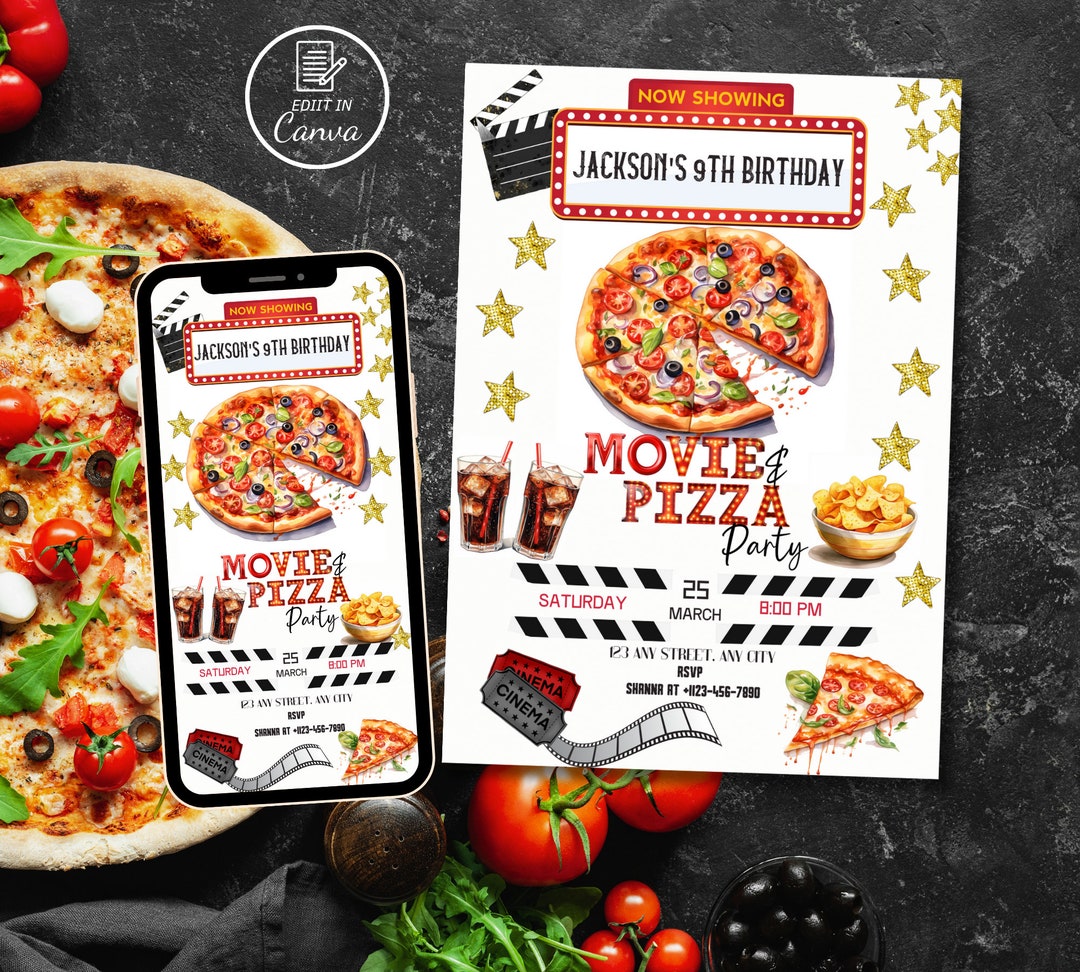 Movie and Pizza Birthday Party Invitation, Editable Cinema Night Bday ...