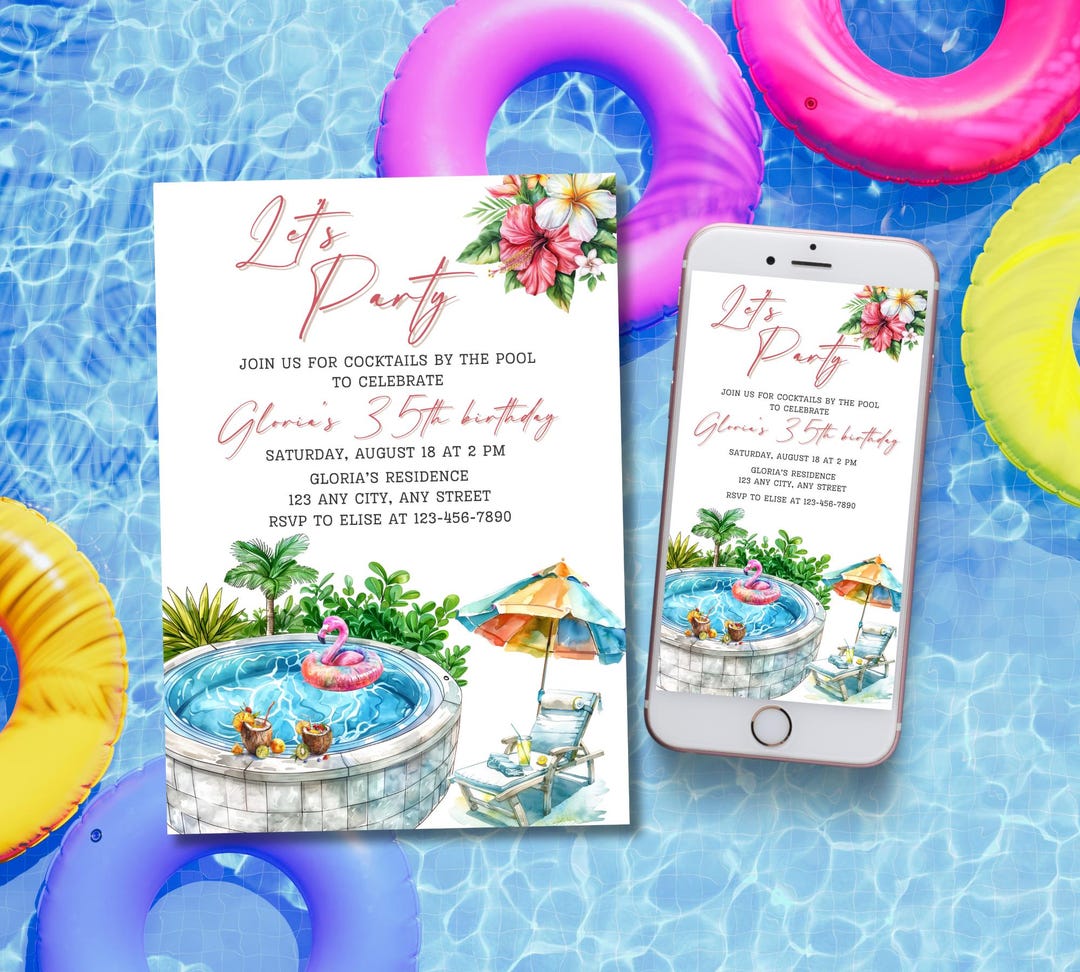 Pool Cocktail Party Birthday Invitation, Editable Summer Bday Invite ...