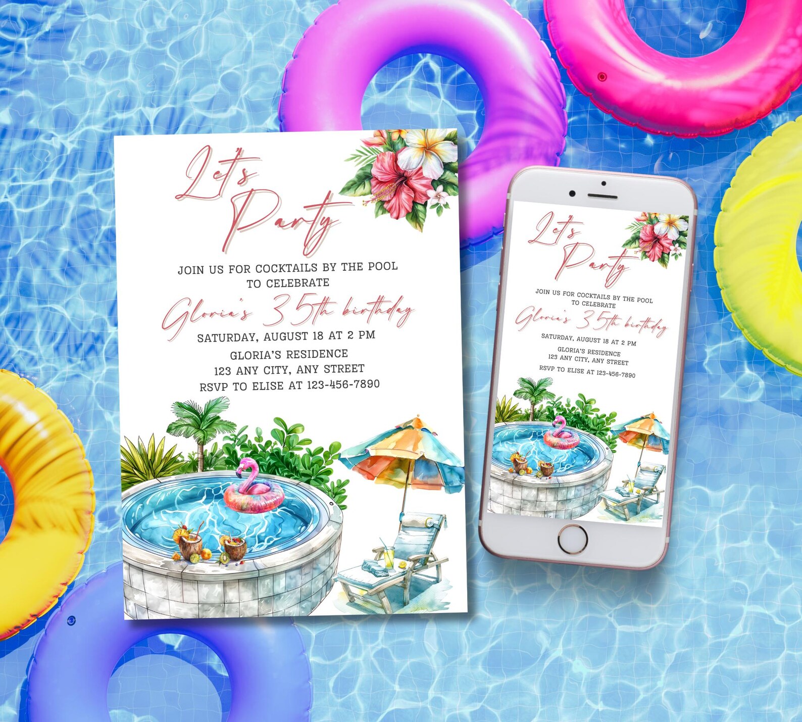Pool Cocktail Party Birthday Invitation, Editable Summer Bday Invite ...