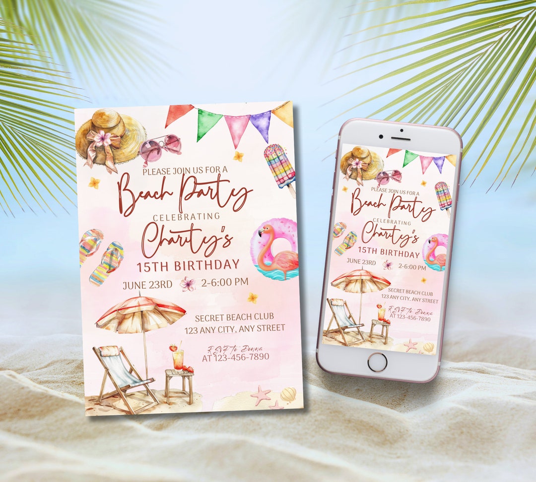 Beach Party Birthday Invitation Editable Summer Bday Invite Swimming ...