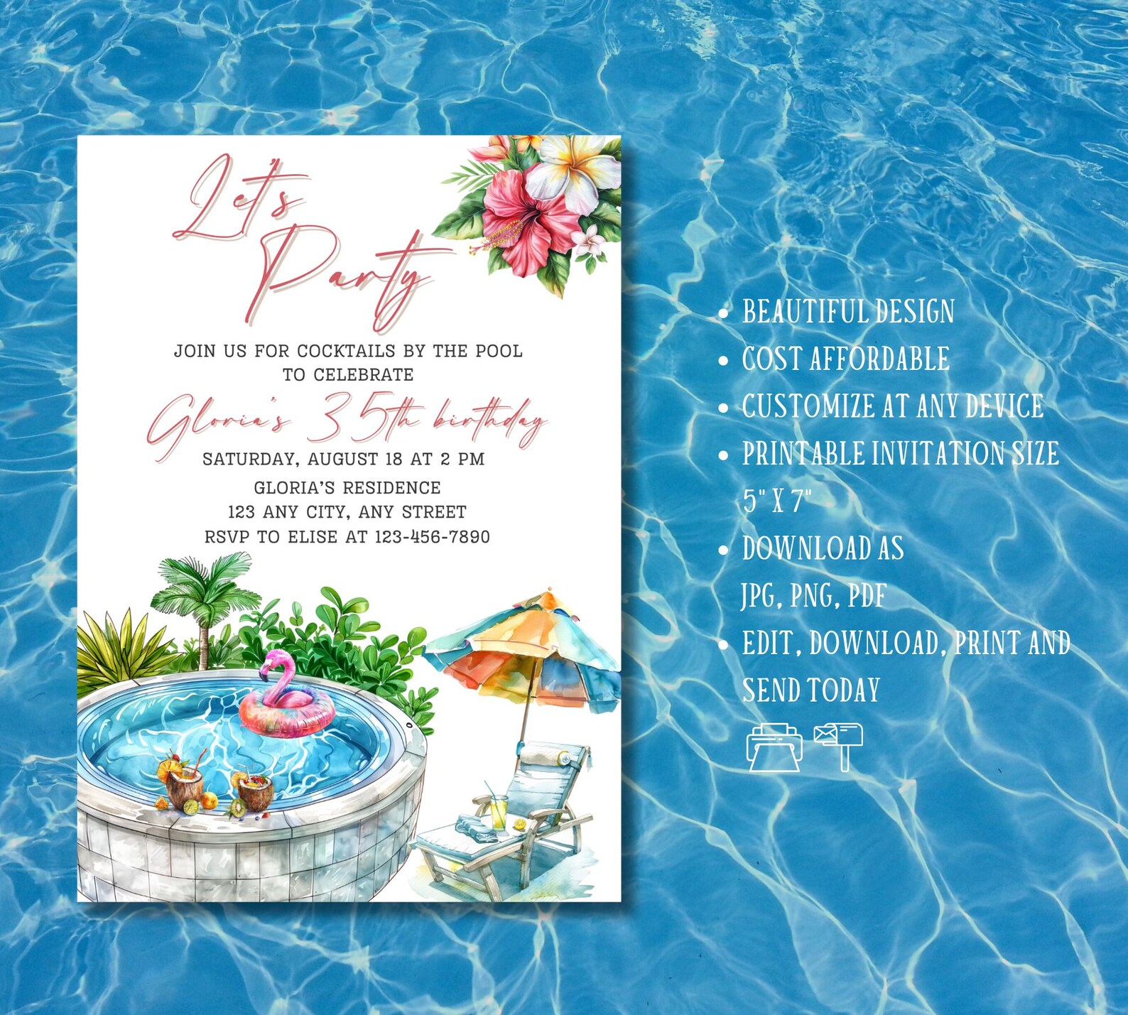 Pool Cocktail Party Birthday Invitation, Editable Summer Bday Invite ...