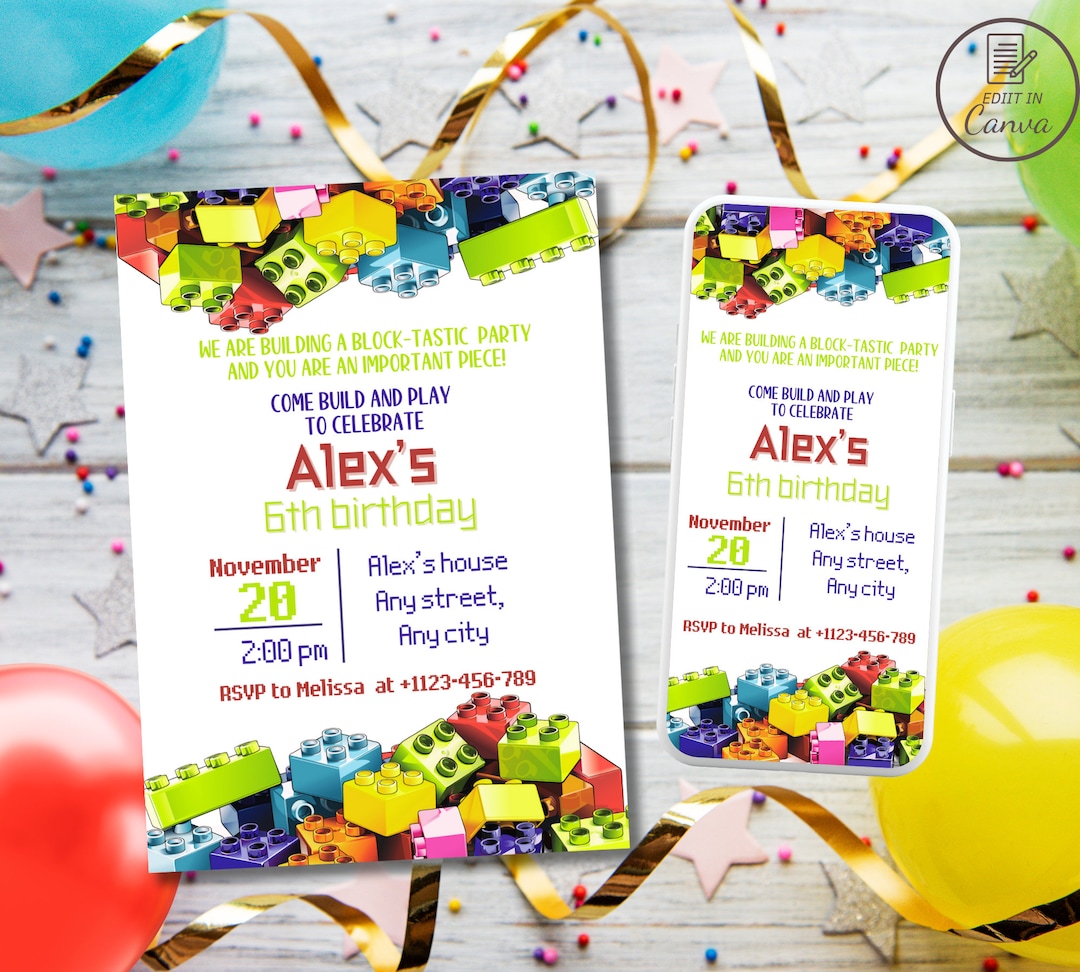 Building Blocks Birthday Party Invitation, Editable Building Bricks ...