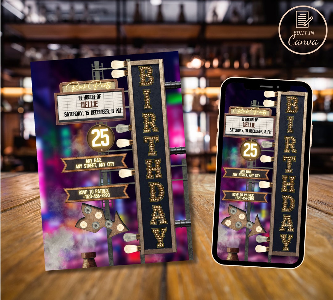 Marquee Lights Birthday Party Invitation, Editable Men and Women ...