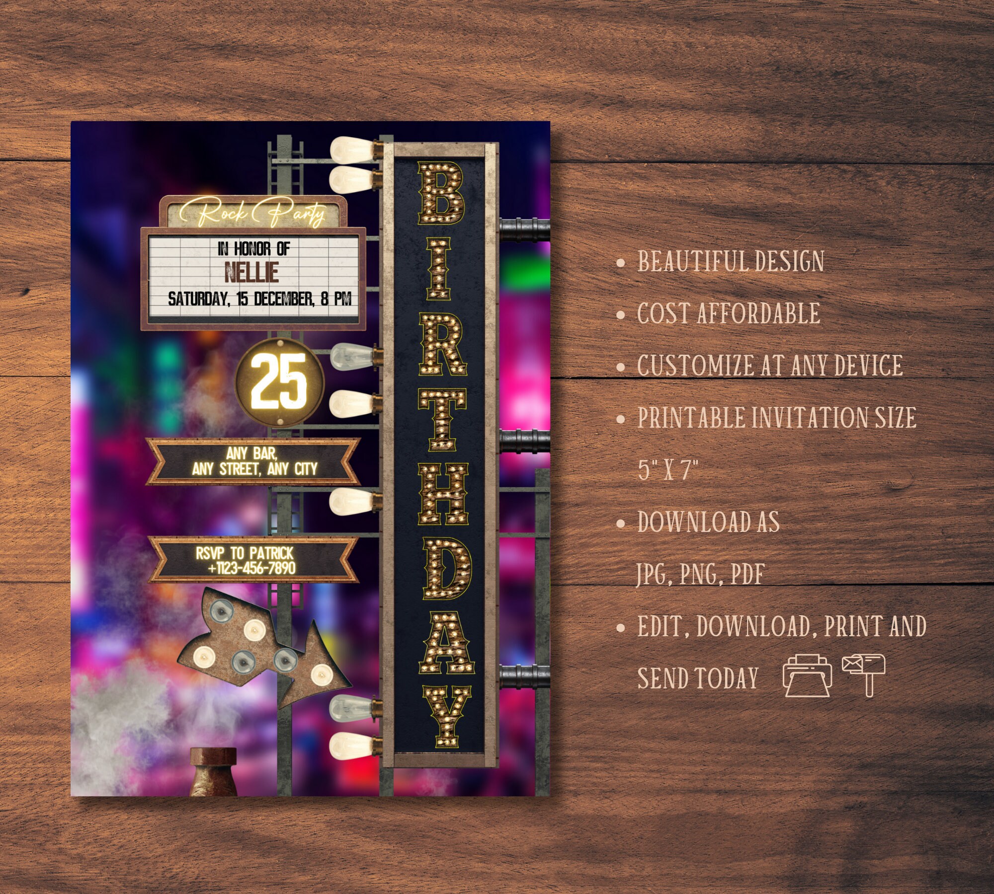 Marquee Lights Birthday Party Invitation, Editable Men and Women ...