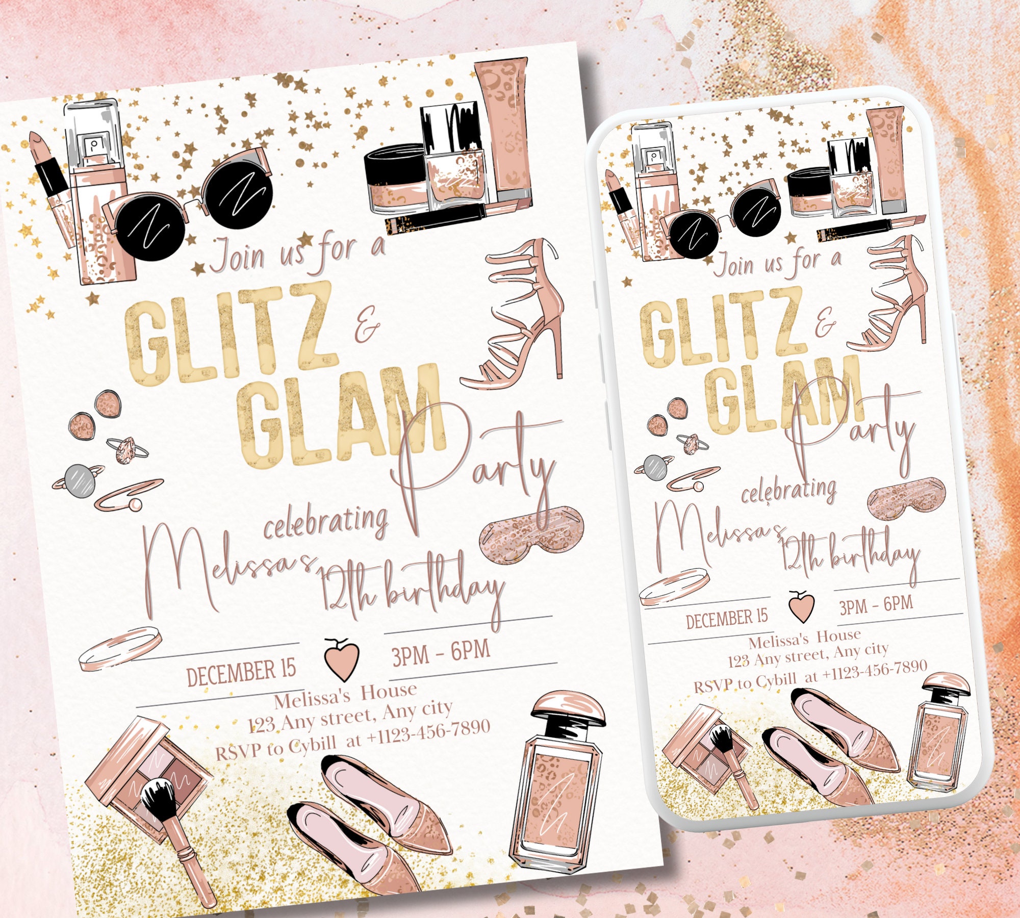 Editable Glitz and Glam Birthday Party Invitation, Glamour Makeup Girls ...