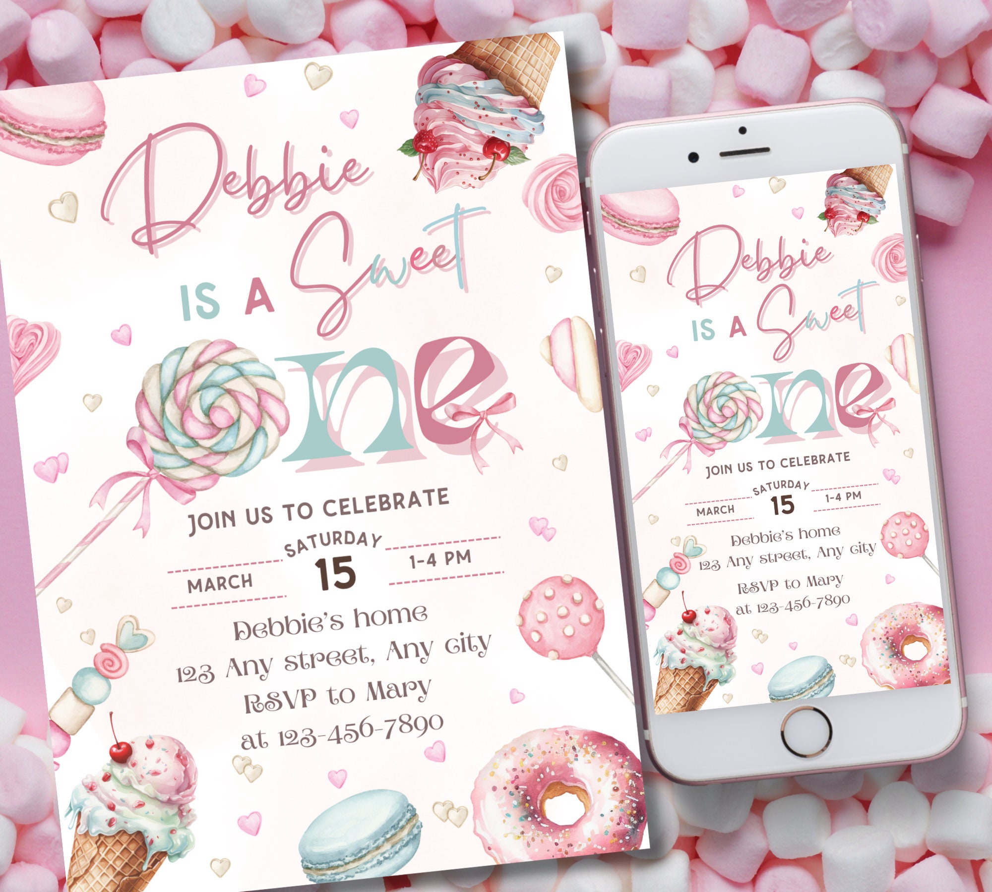 Sweet One Girl Birthday Invitation, Pastel Sweets First Birthday Party ...