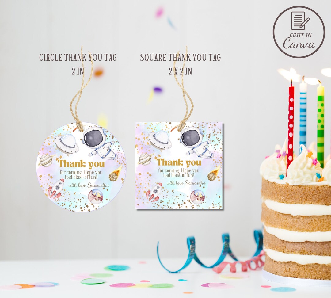 Space Party Thank You Tag Templates, Editable Square and Circle Galaxy ...