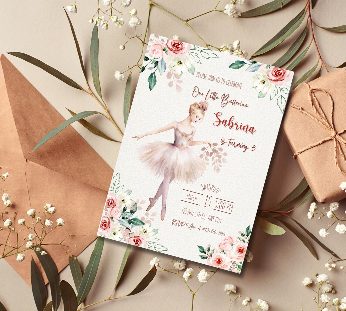 Floral Ballerina Birthday Invitation, Editable Ballet Dancer Birthday ...