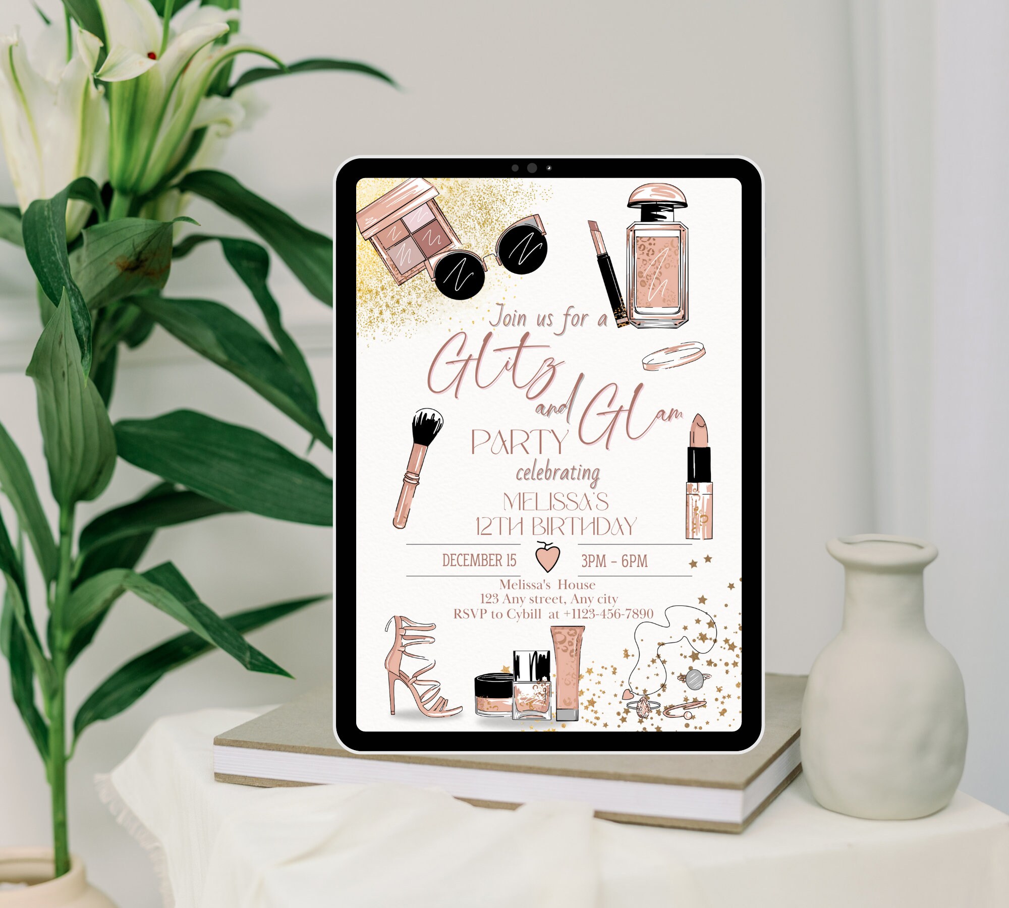 Editable Glitz and Glam Birthday Party Invitation, Glamour Makeup Girls ...