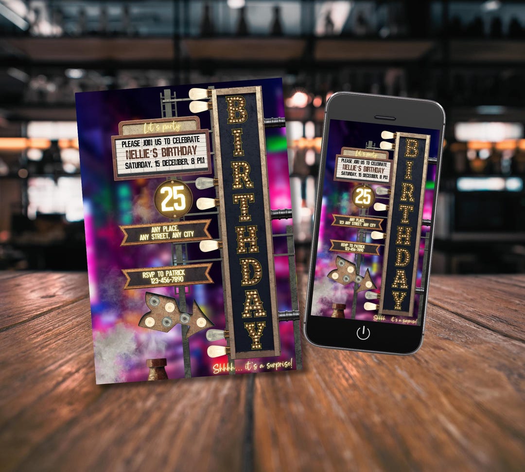 Marquee Lights Birthday Party Invitation, Editable Men and Women ...