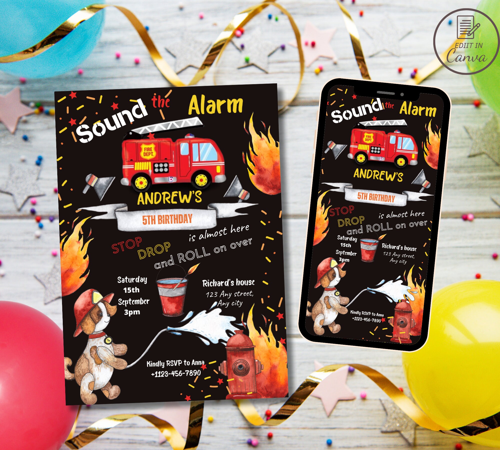 Editable Firetruck Birthday Invitation, Digital Boy Fire Truck Party ...