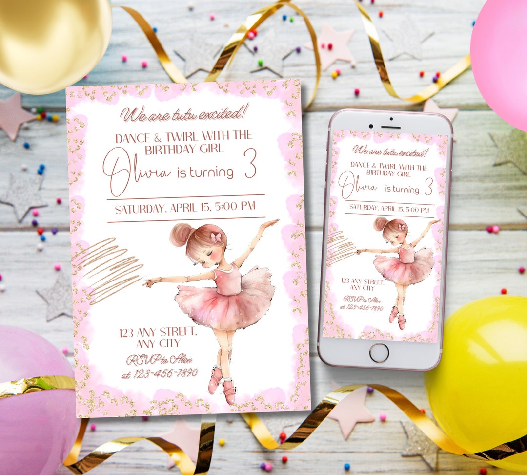 Editable Minimalist Ballerina Birthday Invitation, Cute Ballet Dancer ...