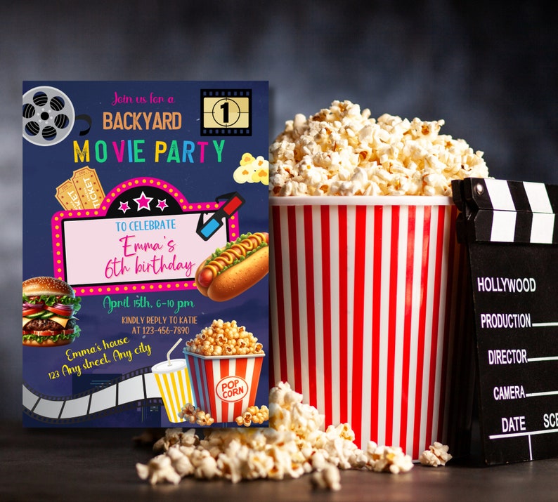 Backyard Movie Birthday Party Invitation, Editable Outdoor Grill and ...
