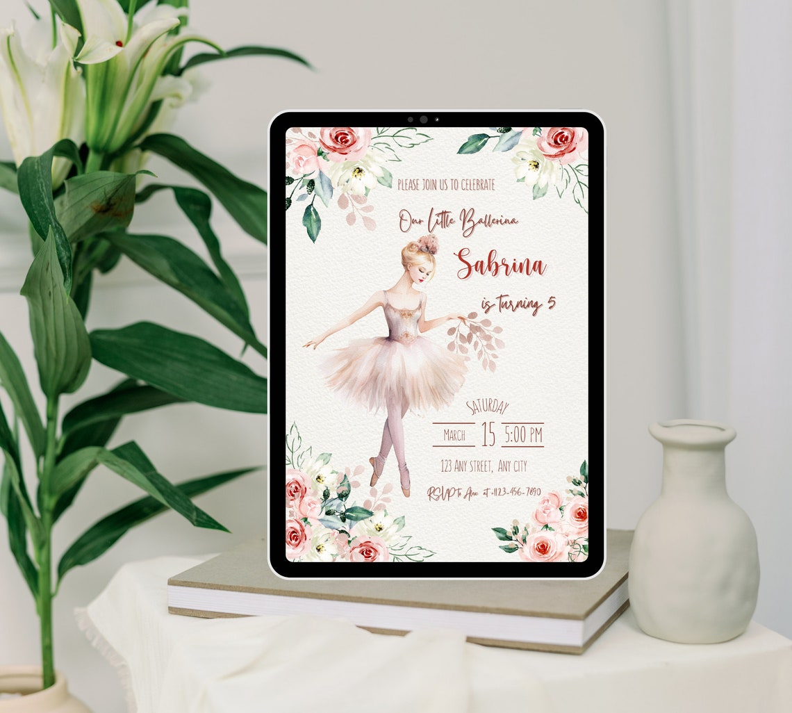 Floral Ballerina Birthday Invitation, Editable Ballet Dancer Birthday ...