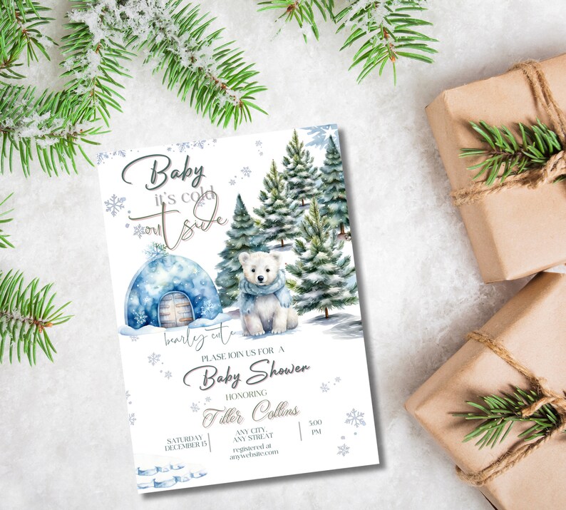 Polar Bear Baby Shower Invitation Bundle, Editable Winter Boy Baby ...