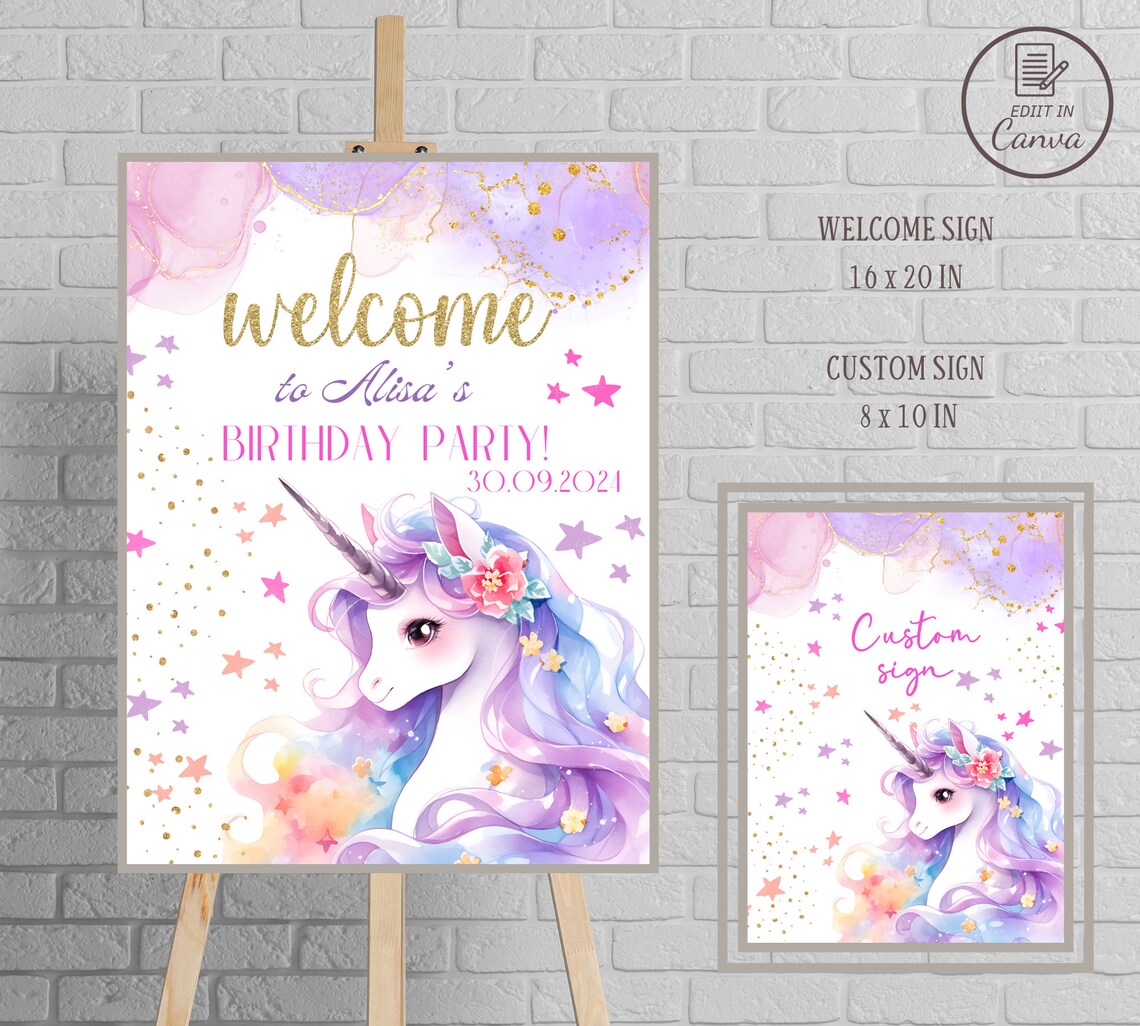 Editable Cute Unicorn Welcome Sign Template, Magical Pony Birthday ...