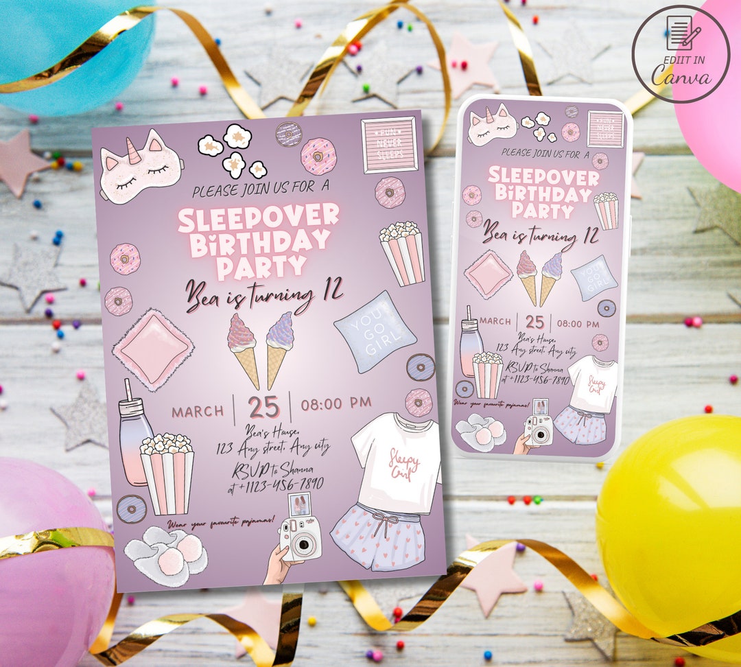 Girls Sleepover Birthday Invitation, Editable Slumber Bday Evite ...