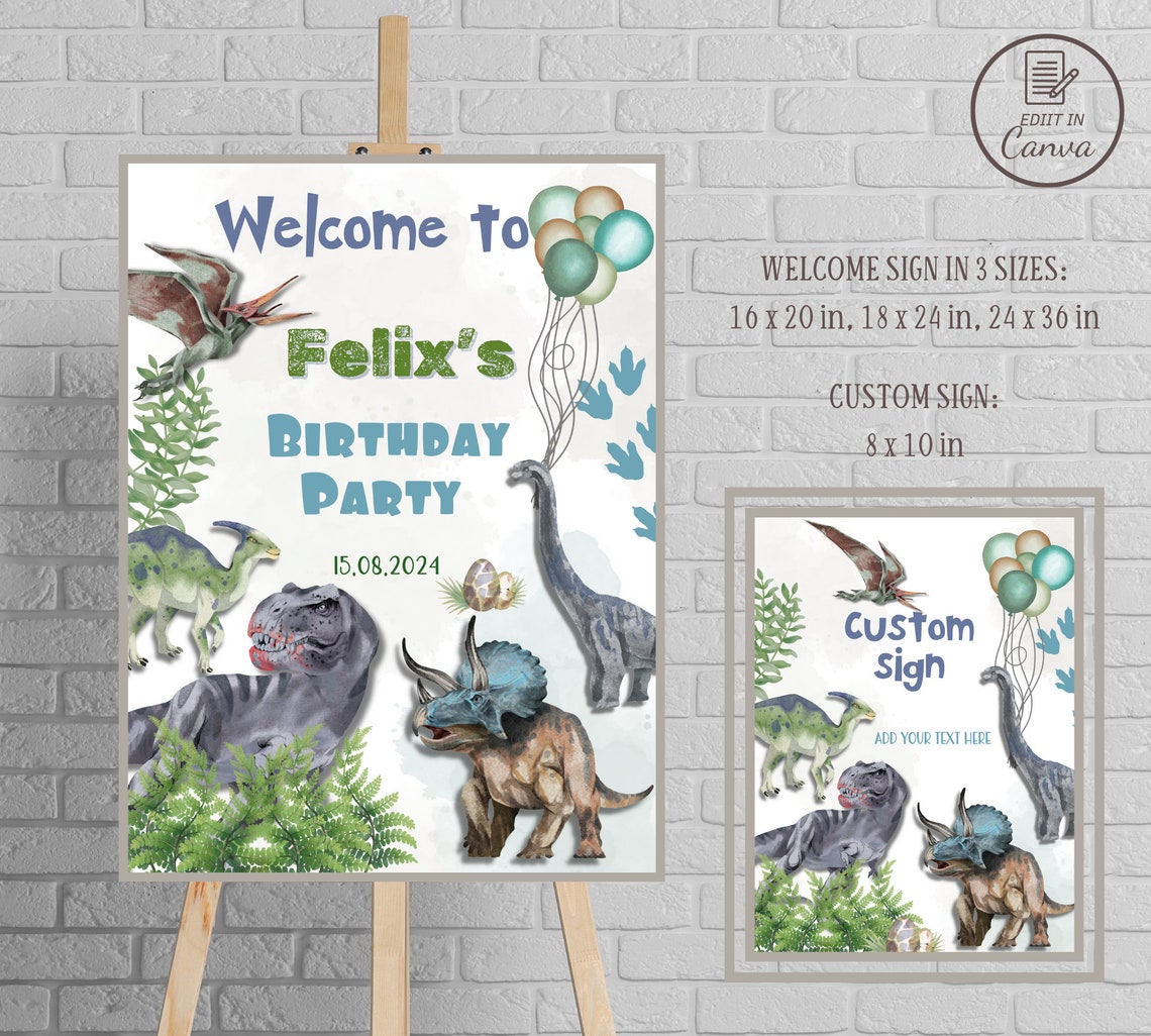 Dinosaur Birthday Party Welcome Sign and Custom Sign Templates Editable ...
