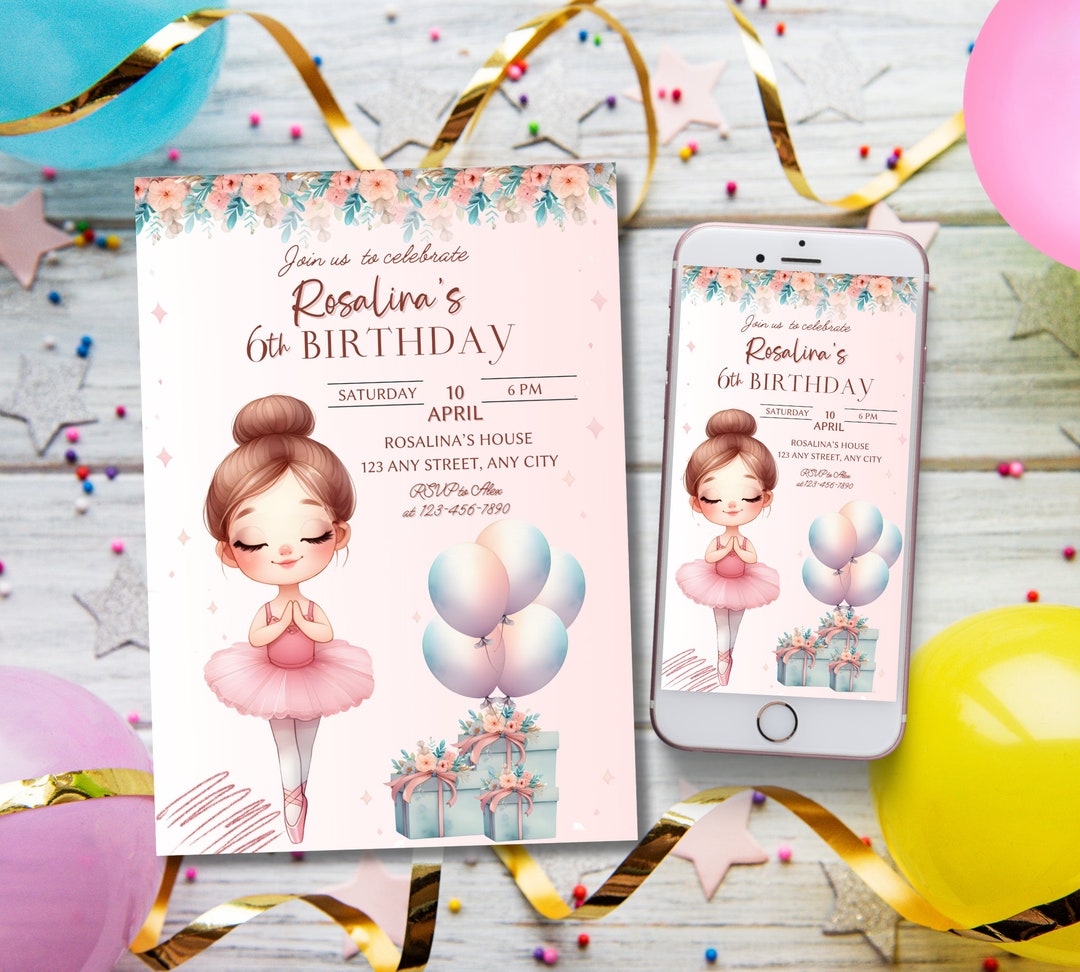Editable Ballerina Birthday Invitation Floral Ballet Dancer Girl ...