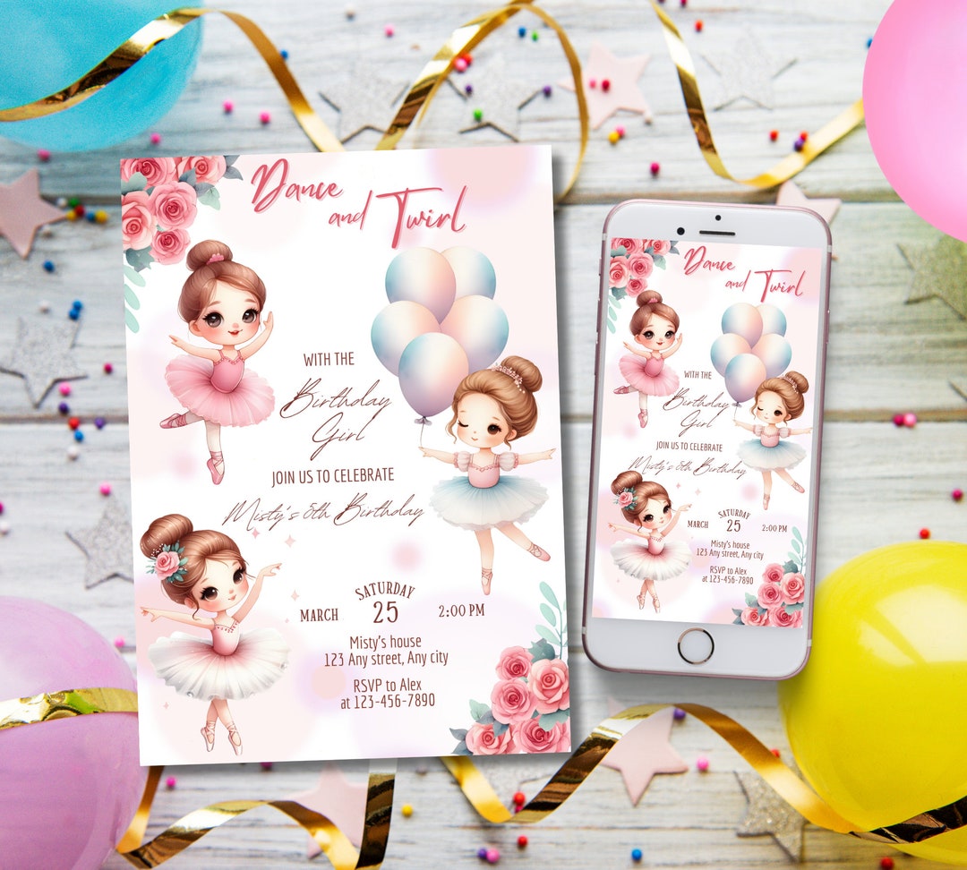 Editable Ballerina Birthday Invitation, Ballet Dancer Girl Birthday ...