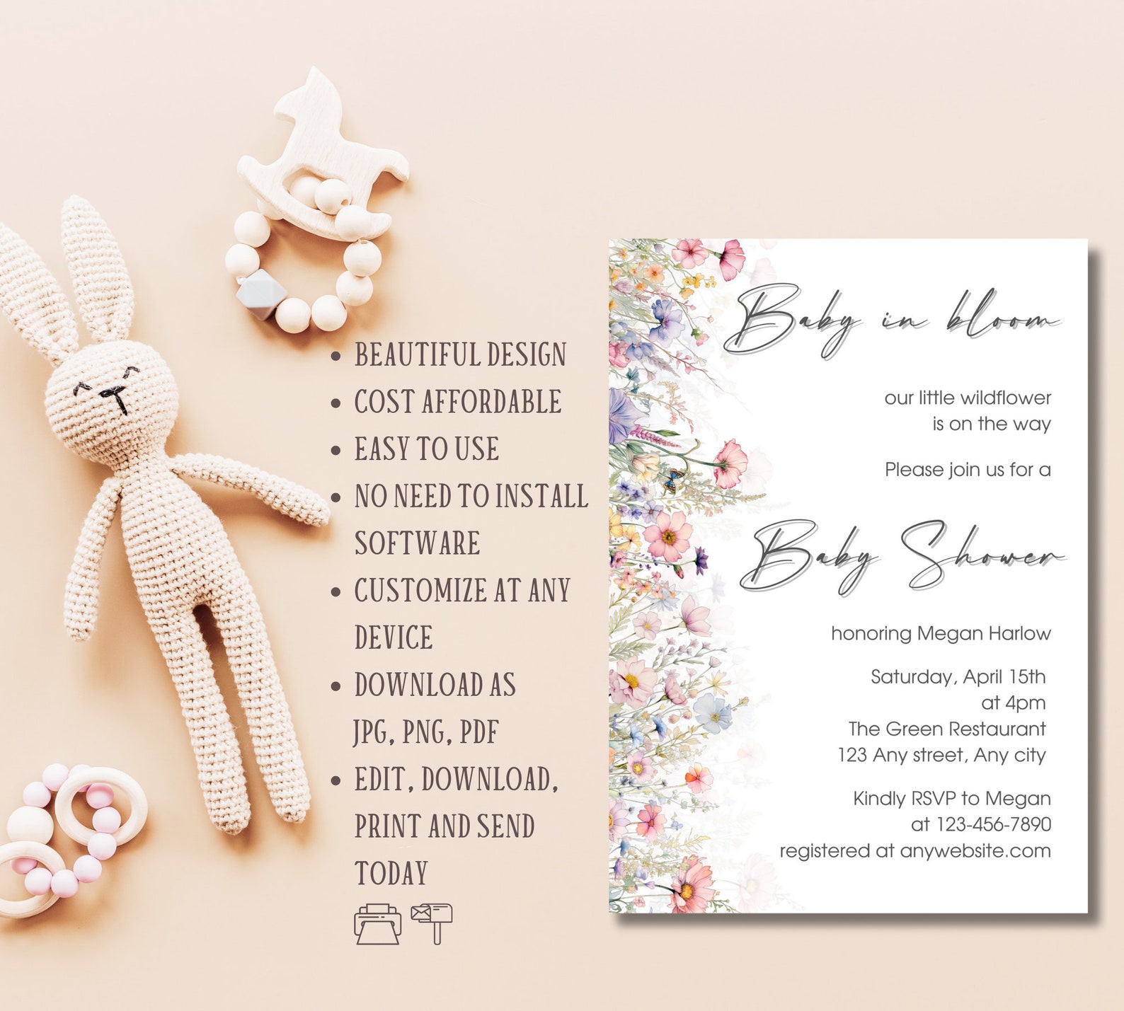 Wildflowers Baby Shower Invitations Set, Editable Spring Flower Baby ...