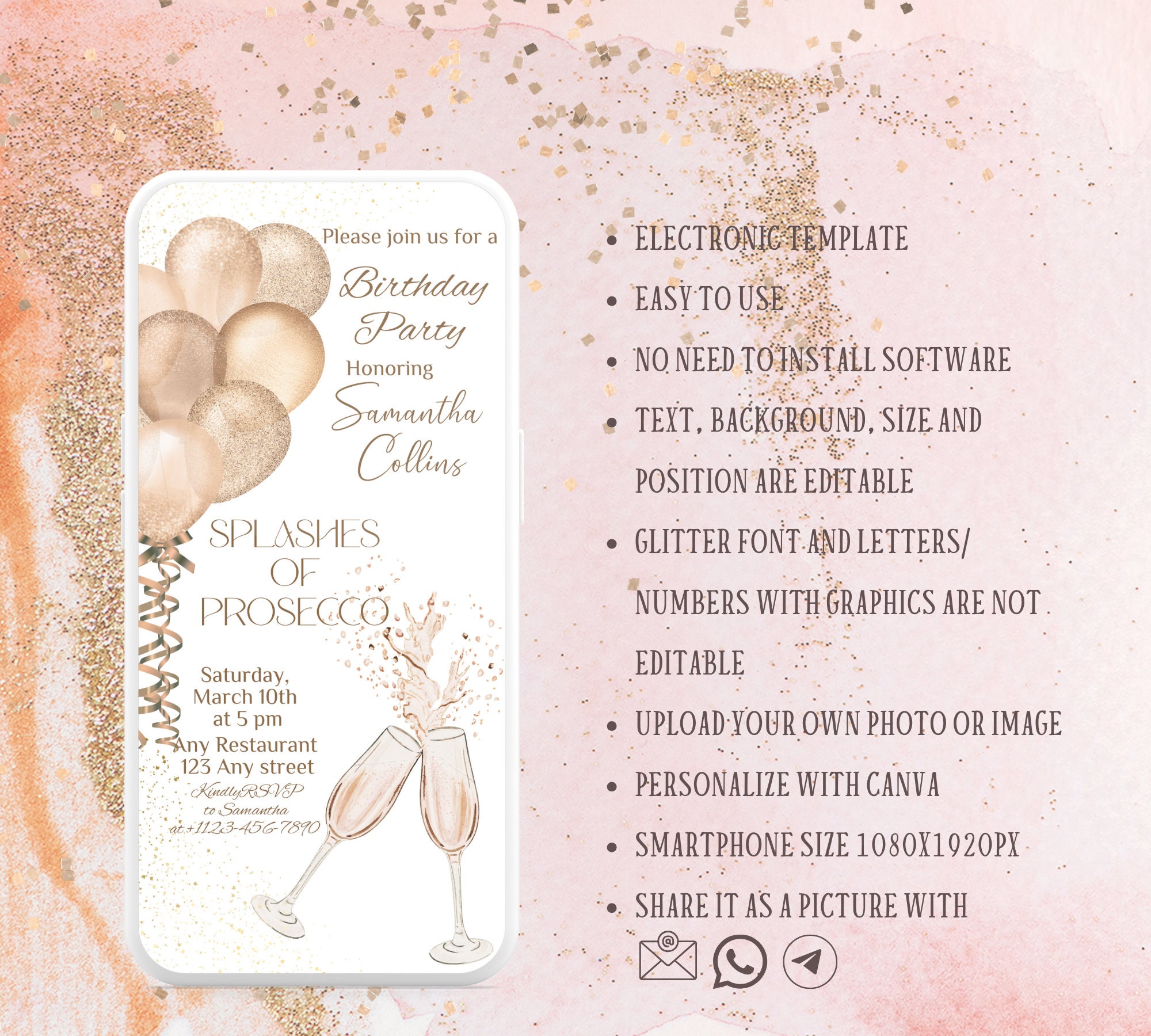 Chic Prosecco and Balloons Adult Birthday Party Invitation, Editable ...