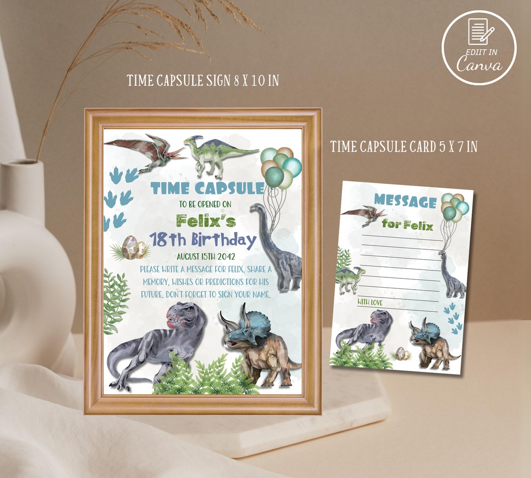 Dinosaurs Time Capsule Sign and Card, Editable Dino 1st Birthday Time ...