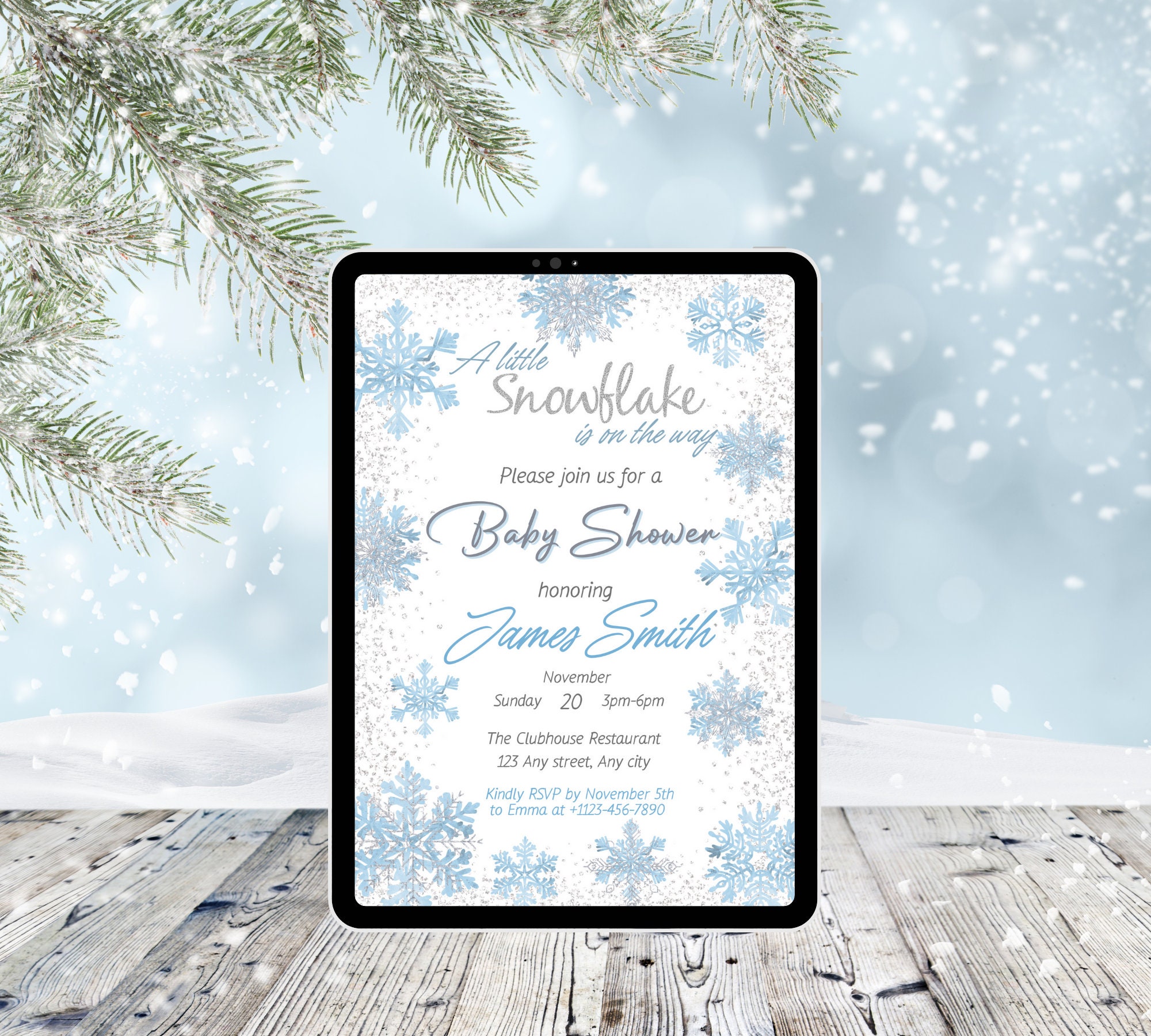 Snowflake Baby Shower Invitation Bundle, Editable Winter Boy Baby ...