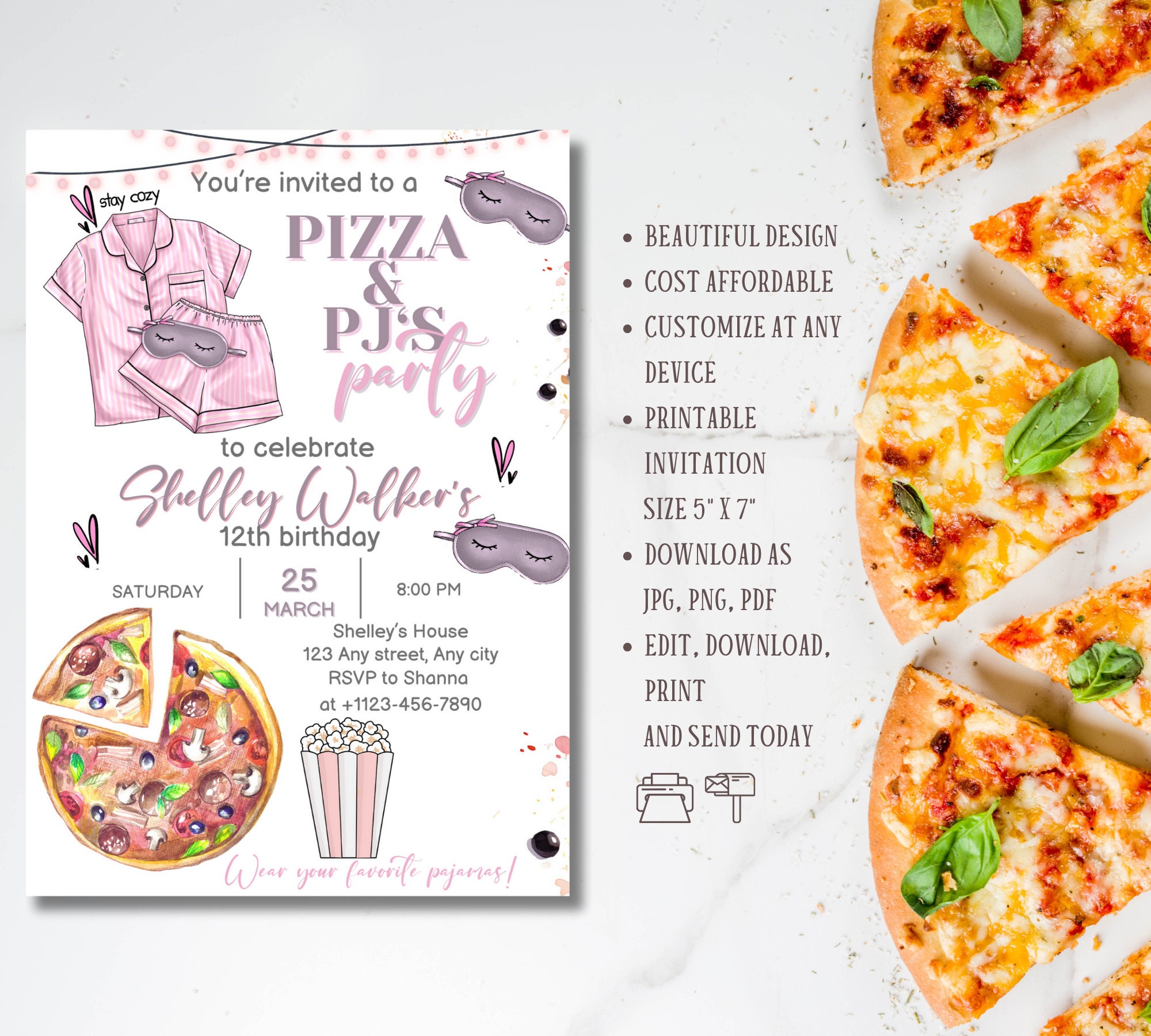 Pizza and Pajamas Party Invitation, Girls Sleepover Birthday Invite ...