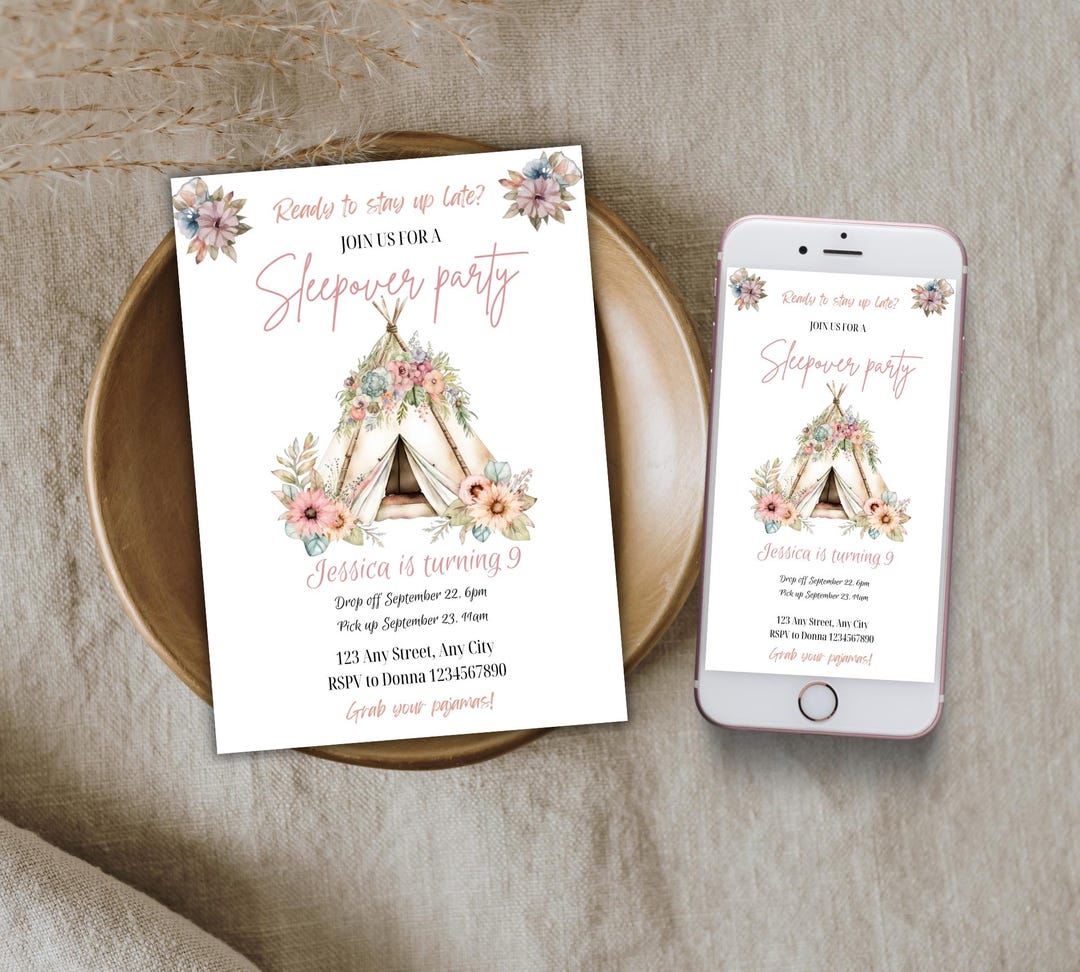 Boho Teepee Girl Sleepover Invitation, Editable Minimalist Slumber Bday ...