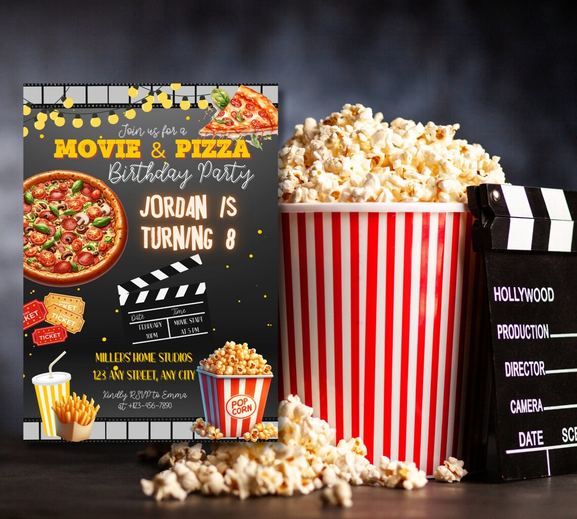 Movie and Pizza Birthday Party Invitation, Editable Cinema Night Bday ...