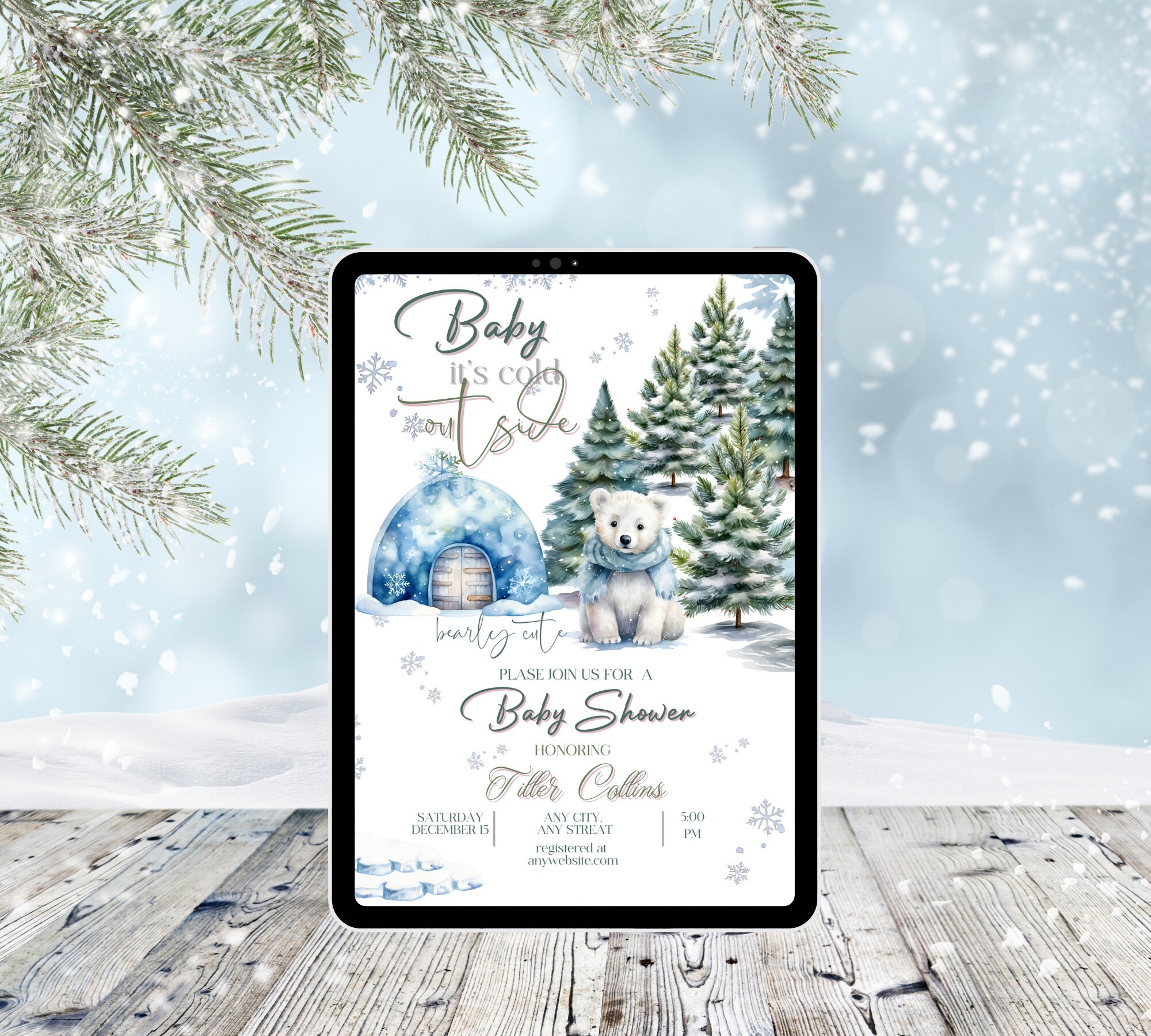 Polar Bear Baby Shower Invitation Bundle, Editable Winter Boy Baby ...